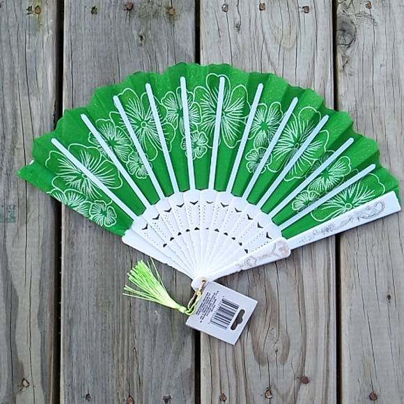 FrannysFashion | Accessories | Green And White Foldable Hand Fan | Poshmark